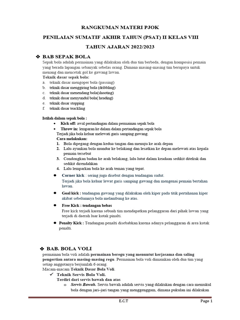 Rangkuman Materi Pjok 8 by - Eva | PDF