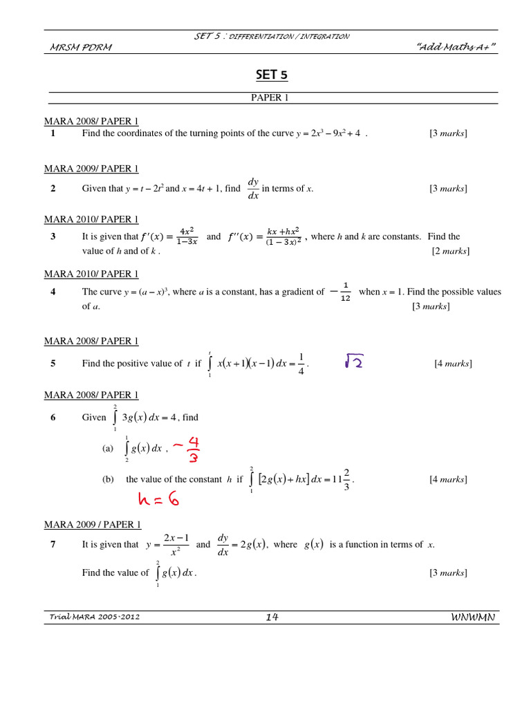 Set 5 Differentiation, Integration | PDF | Integral | Area