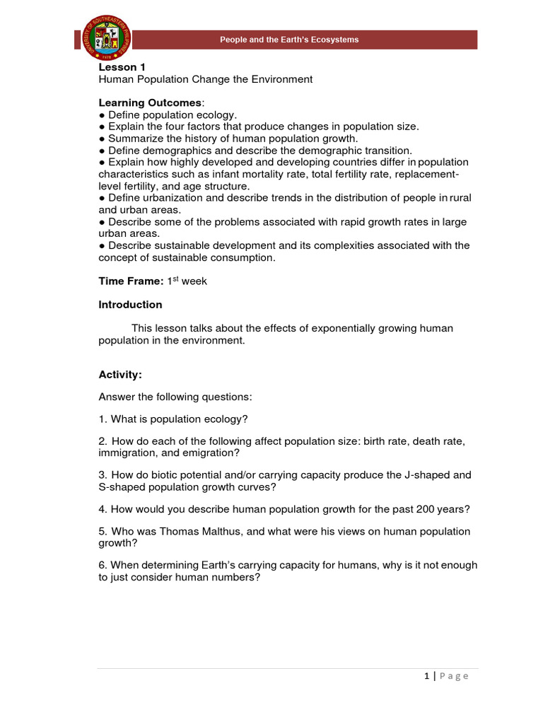 M2 Lesson 1 Human Population Change The Environment | PDF | Total ...