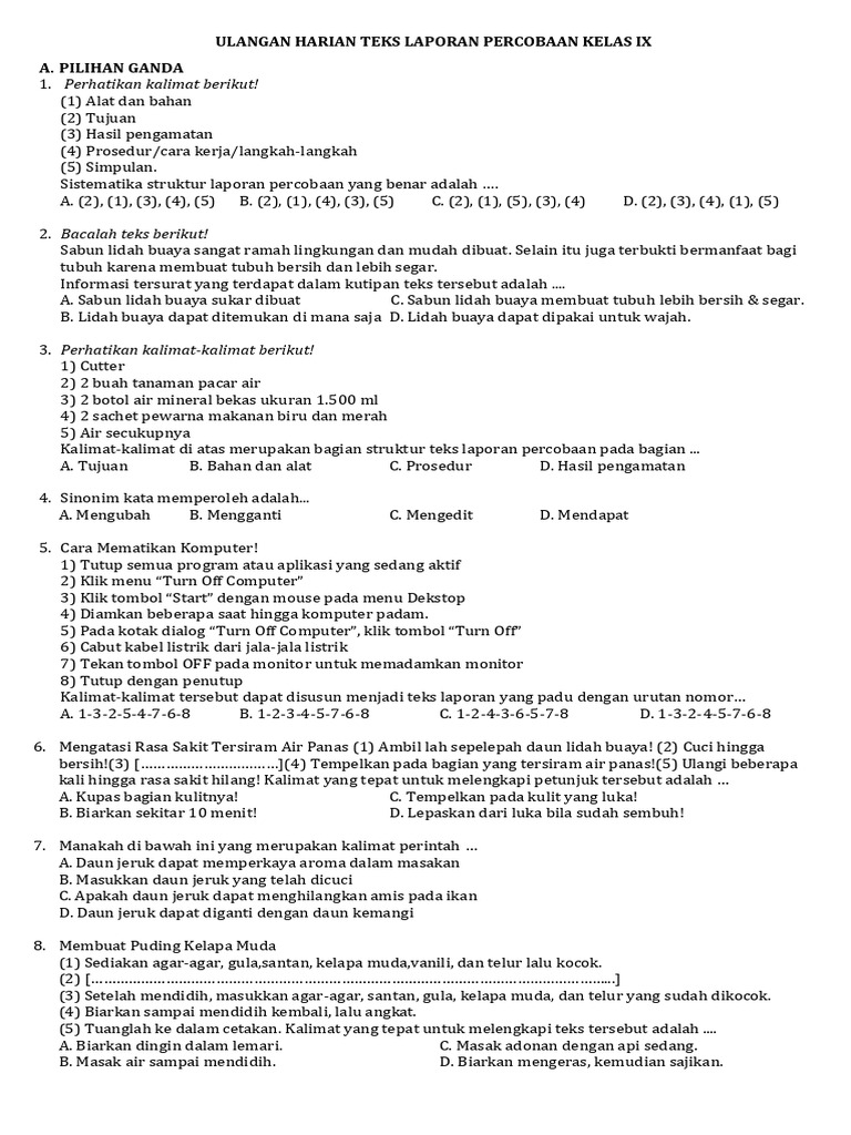 Ulangan Harian Teks Laporan Percobaan Kelas Ix | PDF
