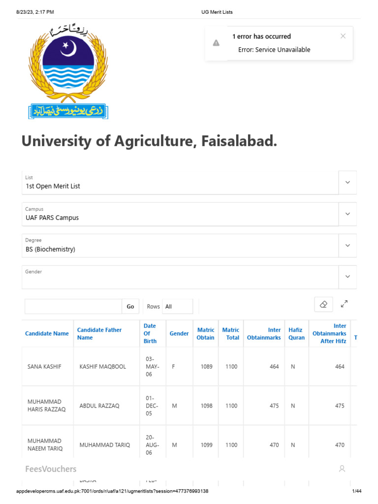 UAF Undergraduate Merit Lists 2024 | PDF