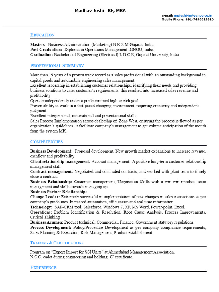 Madhav Joshi CV | PDF | Sales | Business Process
