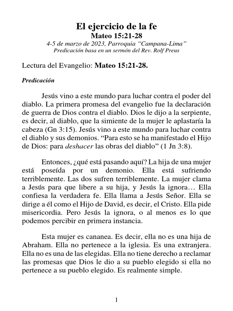 Mateo 15.21-28 - El Ejercicio de La Fe | PDF | Jesús | Fe