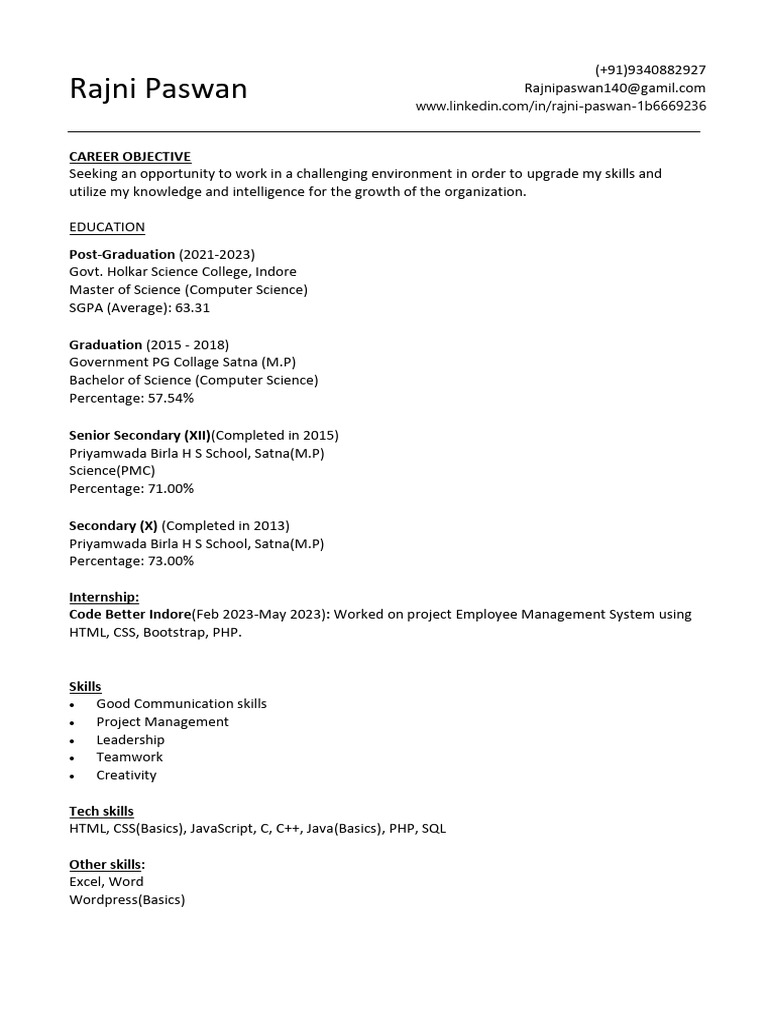 Resume Rajni Paswan | PDF
