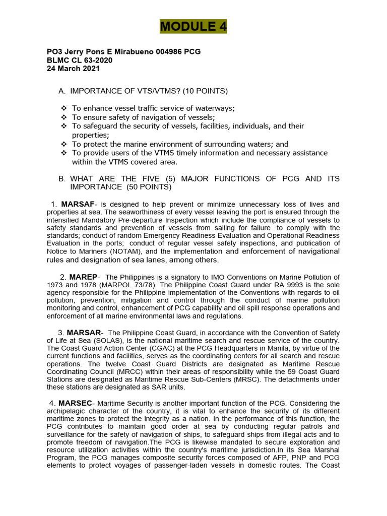 Module 4 Exam Po3 Jpe Mirabueno PCG | PDF | Coast Guard | Search And Rescue