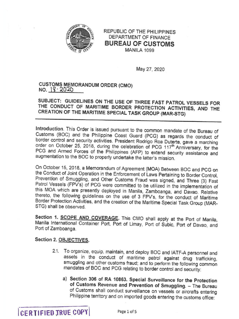 PCG BOC Customs Memorandum Order No 18 2020 | PDF