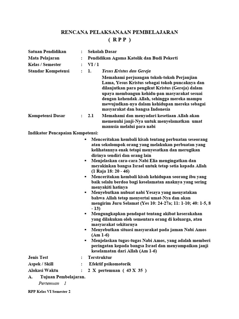 RPP Pendidikan Agama Katolik SD Kelas VI Semester 2 | PDF