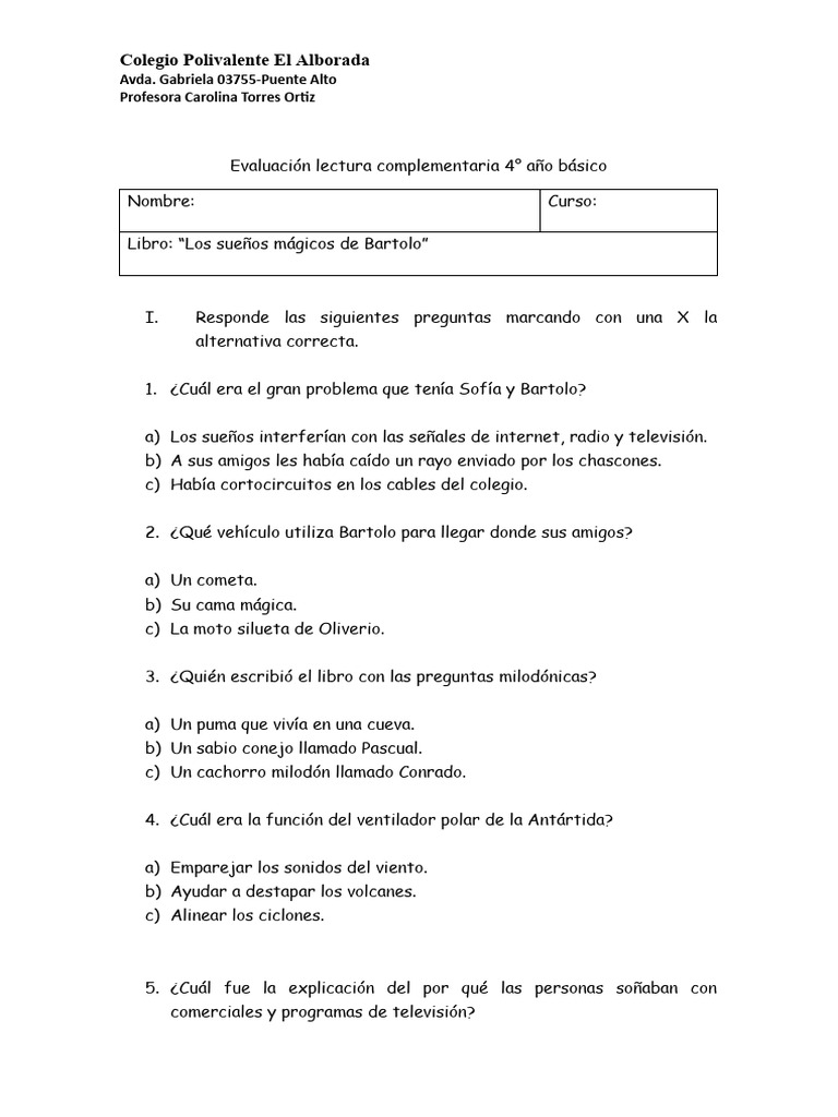 Evaluación Lectura Complementaria 4° Los Sueños Mágicos de Bartolo | PDF
