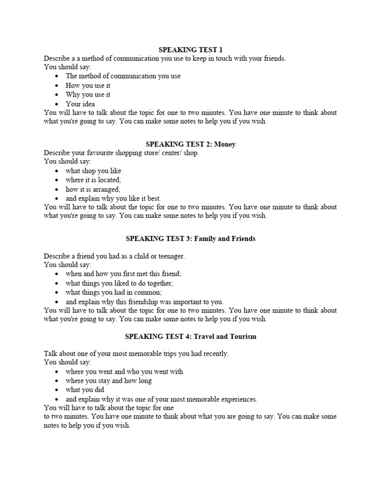 SPEAKING TEST ANH 1 - Student | PDF