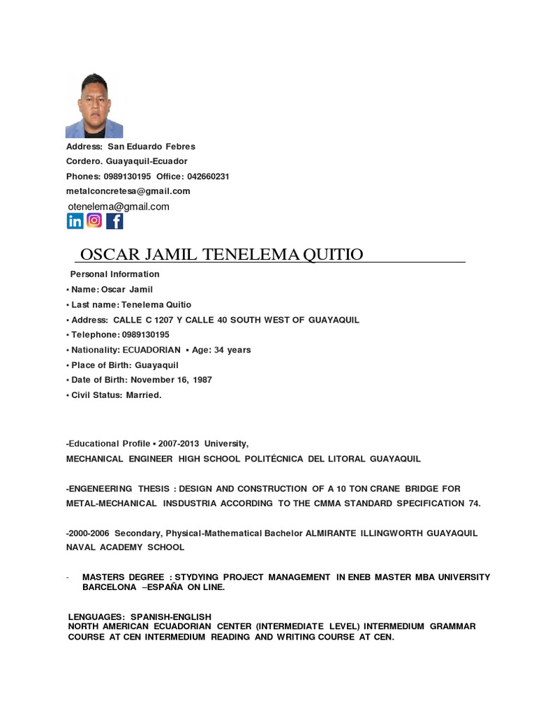 CV Oscar Tenelema 11 Page Electrical Power PDF | PDF | Welding | Construction