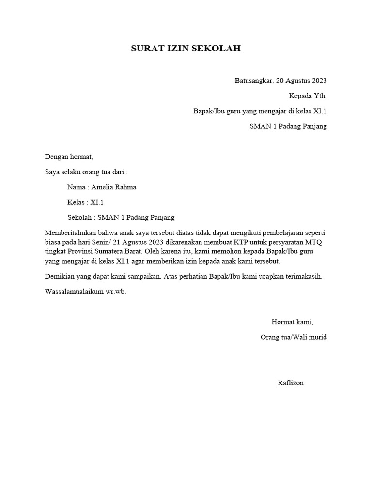 Surat Izin Sekolah | PDF