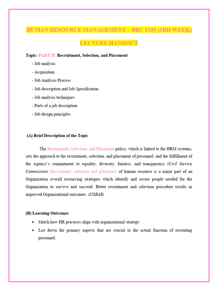 HRM - 3rd Week - Lecture Handout | PDF | Recruitment | Human Resource Management