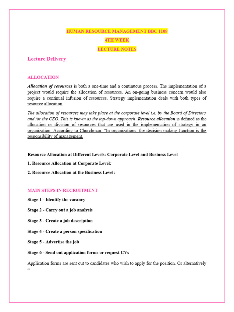 HRM - 4th Week - Lecture Notes | PDF | Recruitment | Employment