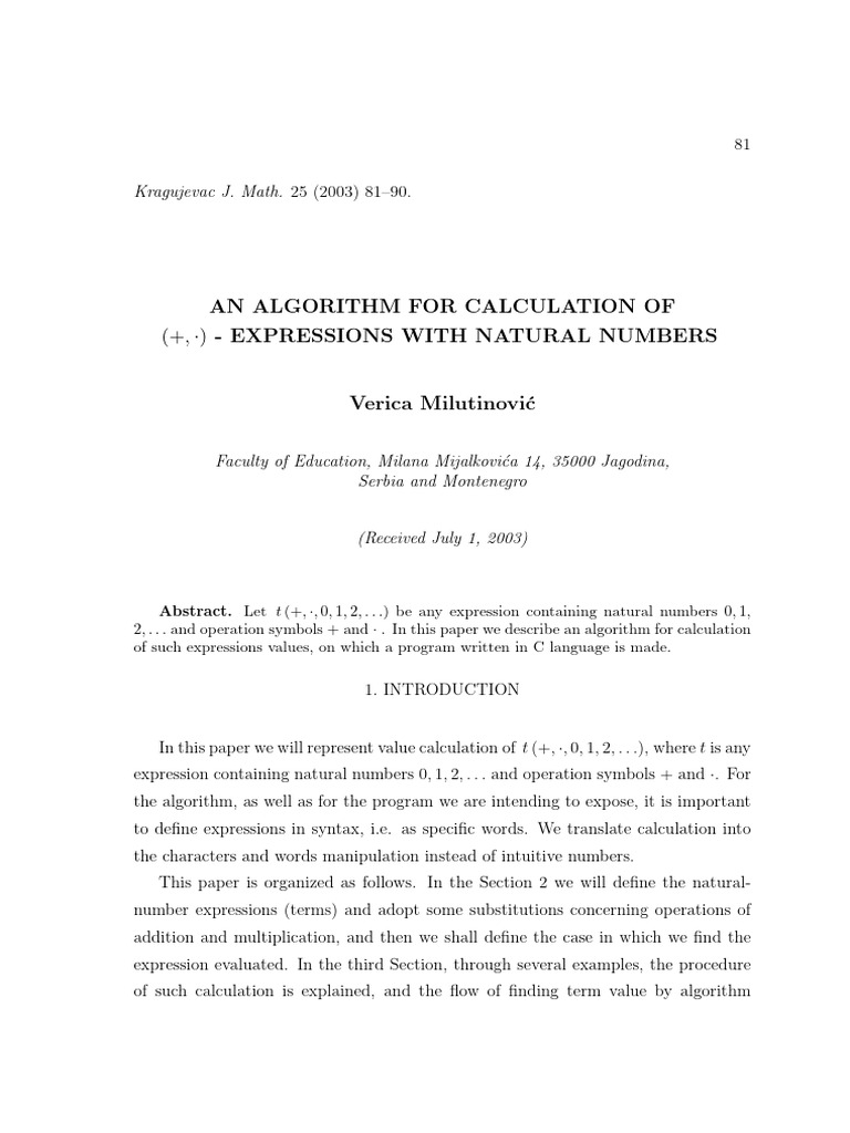 An Algorithm For Calculation of (+, ) - Expressions With Natural Numbers | PDF | Algorithms ...