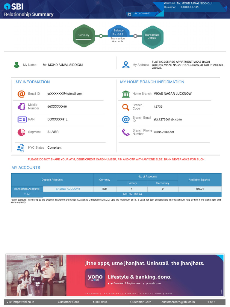 Bank Statement Sbi | PDF | Transaction Account | Debit Card
