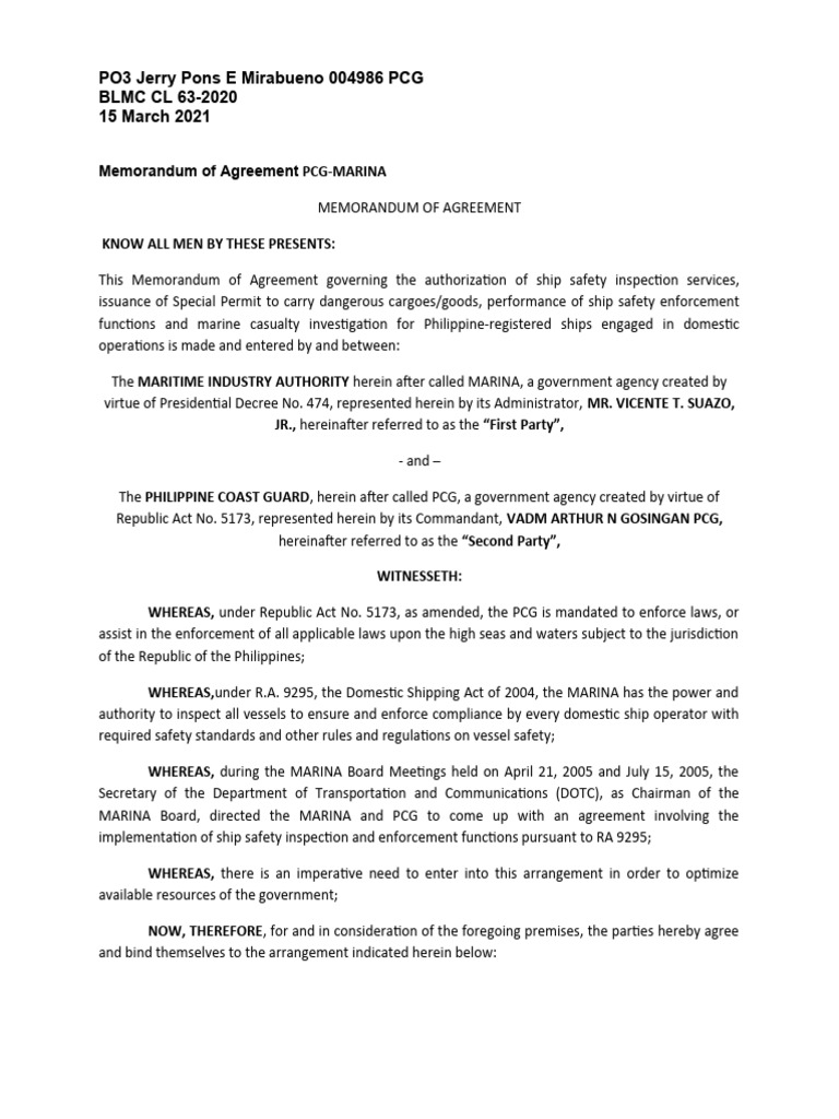 PO3 JPE MIirabueno PCG MEMORANDUM OF AGREEMENT PCG MARINA | PDF | Ships | Safety