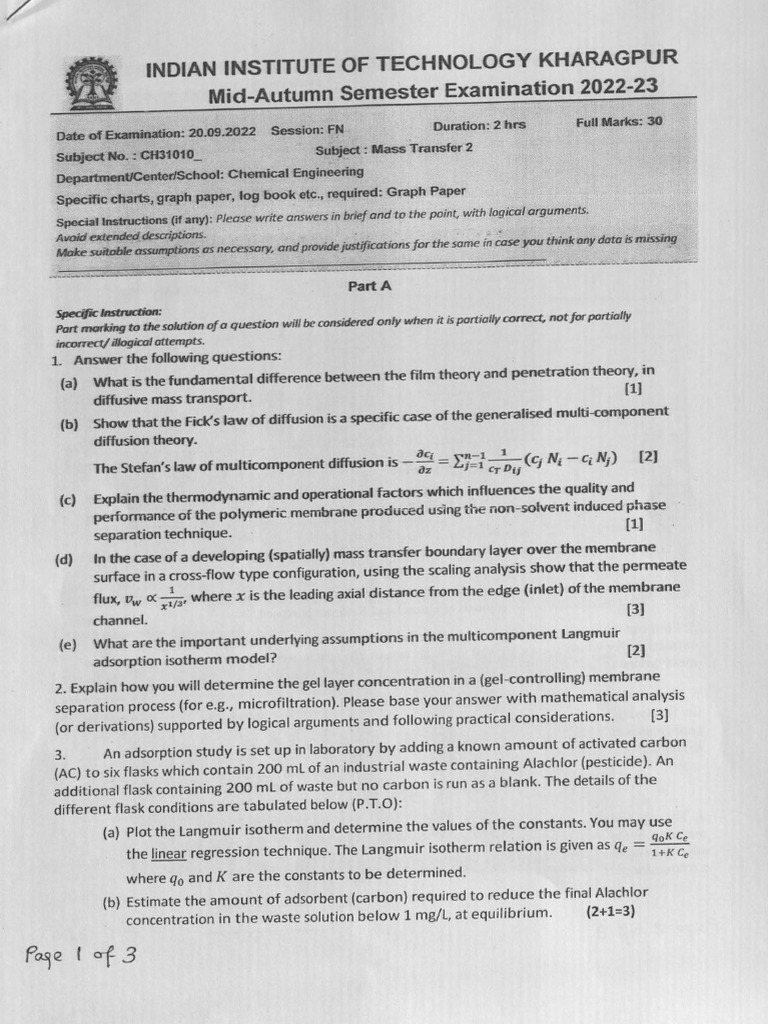 CH31010 Mass Transfer 2 MA 2022 | PDF