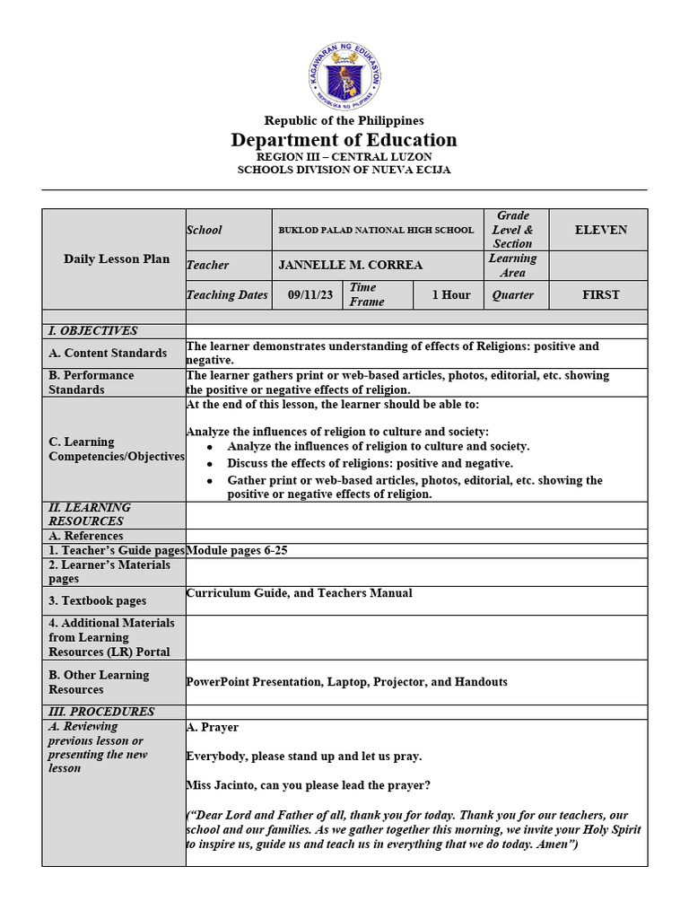 Daily Lesson Plan Introductopn To World Religion | PDF | Human ...