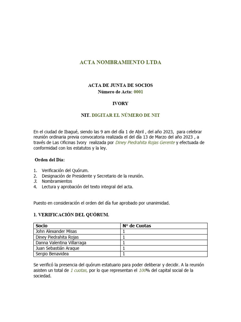 Nombramiento Representante Legal y Junta Directiva. | PDF | Gobierno