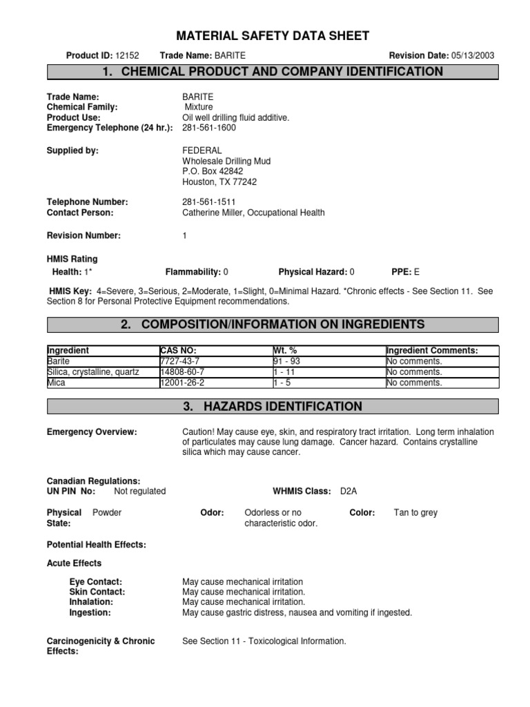 BARITE | PDF | Silicon Dioxide | Personal Protective Equipment