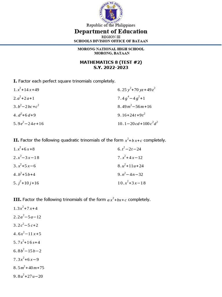 Factoring Trinomials Test for Grade 8 | PDF
