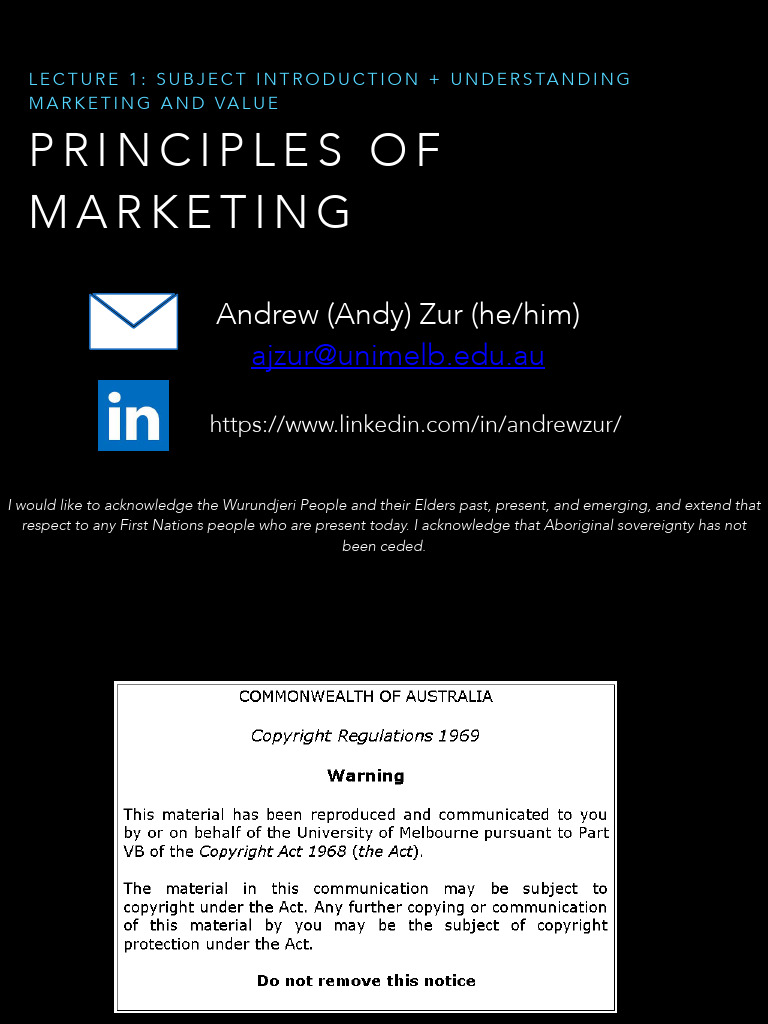 MKTG10001. SM2 2022. Lecture 01. Course Introduction Understanding Marketing and Value ...