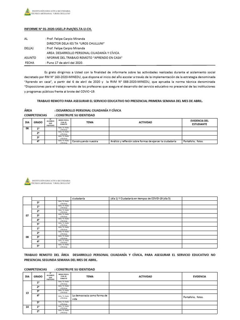 Informe Del Trabajo Realizado | PDF