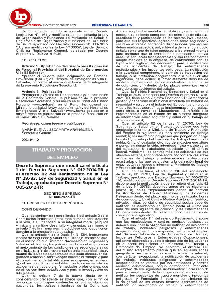 Decreto Supremo 006 2022 TR LPDerecho | PDF | Perú | Seguridad y salud ocupacional