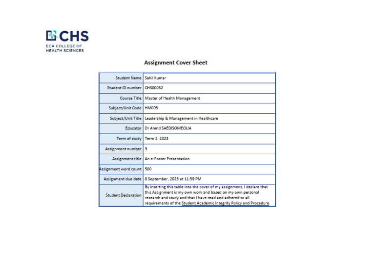 Health Management Assignment Cover Sheet | PDF | Self-Improvement ...