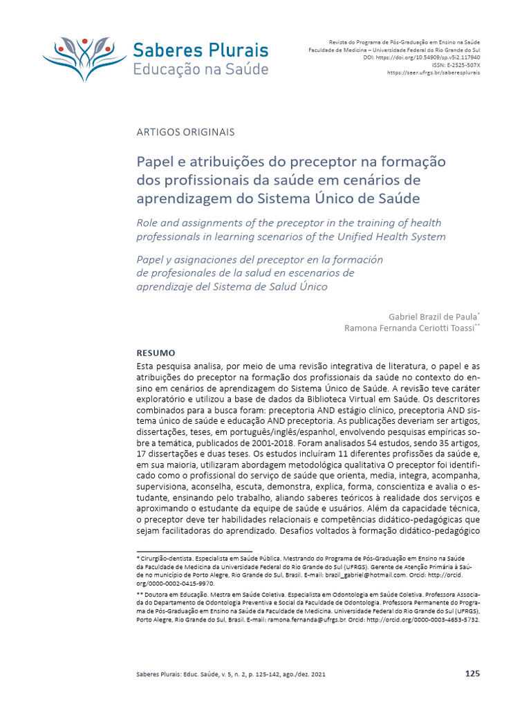 Papel do Preceptor no SUS: Revisão Integrativa | PDF | Desenvolvimento profissional | Remédio