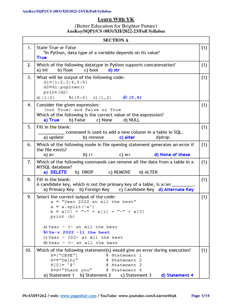 AnsKey SQP1 12 CS YK | PDF | Parameter (Computer Programming) | Table (Database)