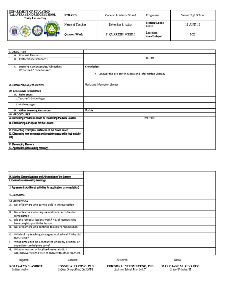 DLL - Mil - Week 1 | PDF | Teachers | Learning