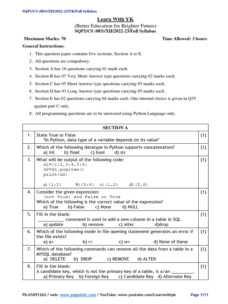 SQP1 12 CS Yk | PDF | Computing | Databases