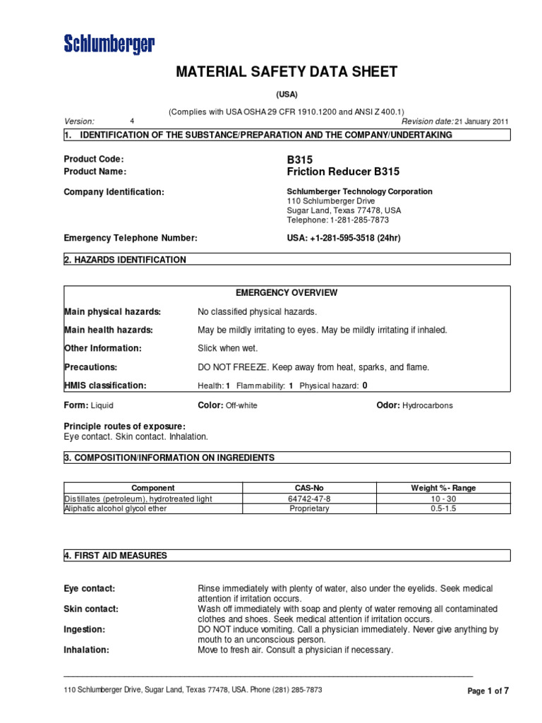 Material Safety Data Sheet: B315 Friction Reducer B315 | PDF | Firefighting | Dangerous Goods