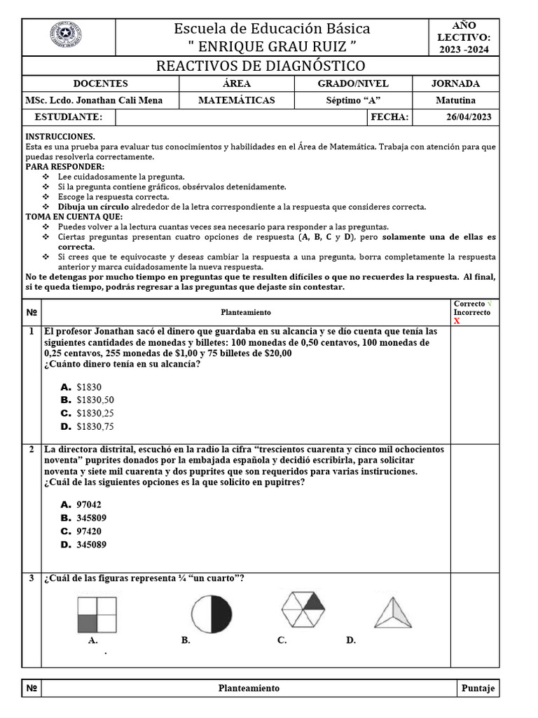 Pruebas de Diagnostico Mate 7A 2023 | PDF | Moneda