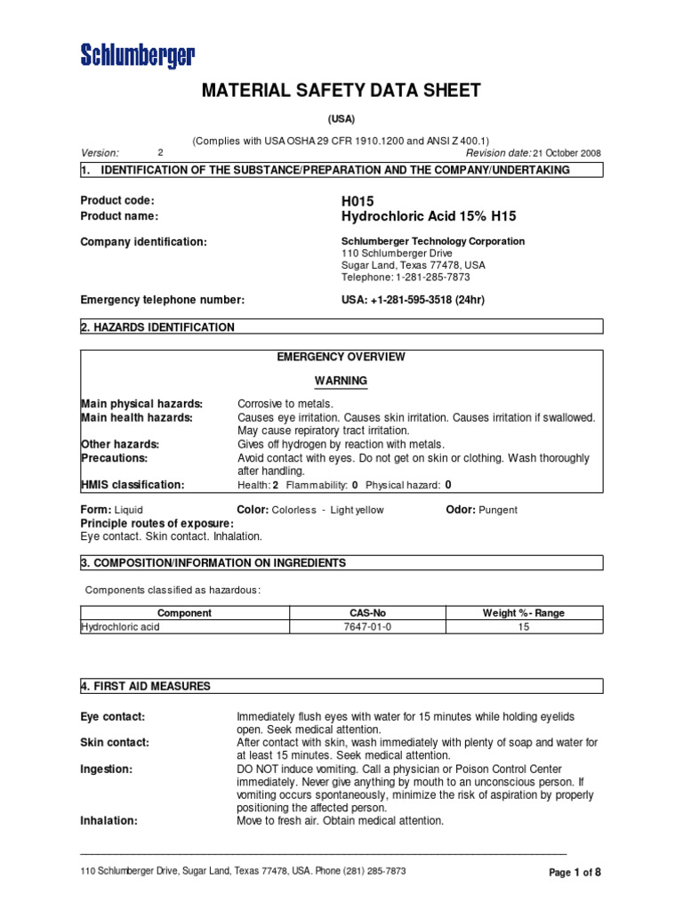 Material Safety Data Sheet: H015 Hydrochloric Acid 15% H15 | PDF ...