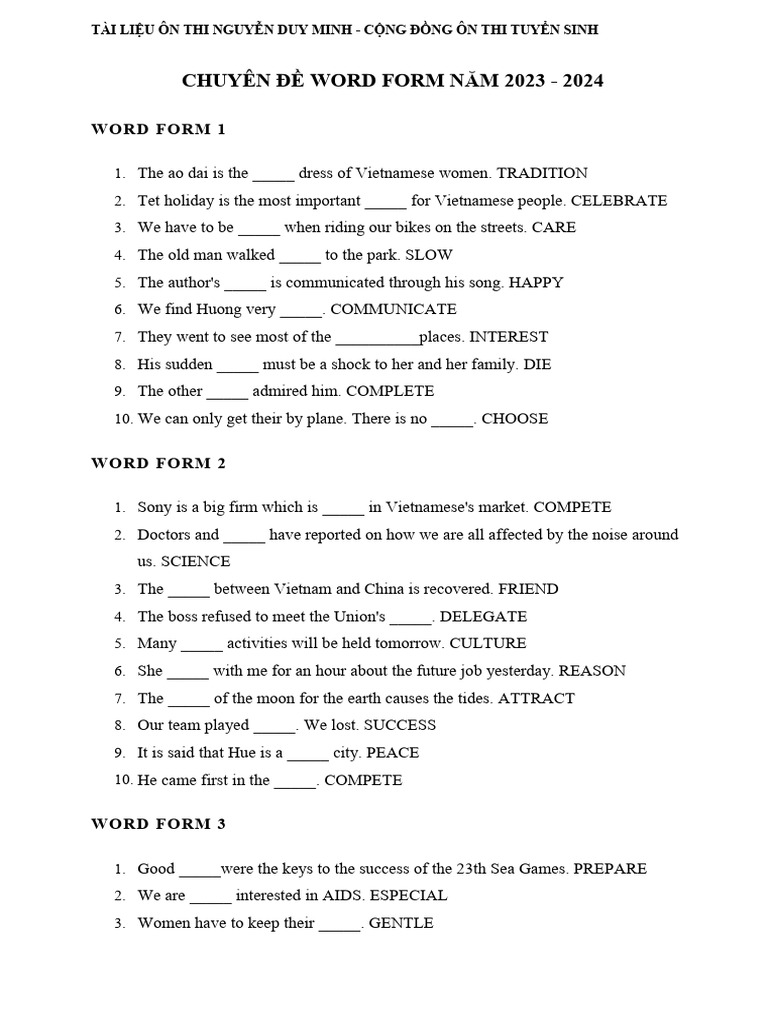 Chuyên Đề Word Form Tiếng Anh 9 Vào 10 - TÀI LIỆU CỘNG ĐỒNG ÔN THI ...