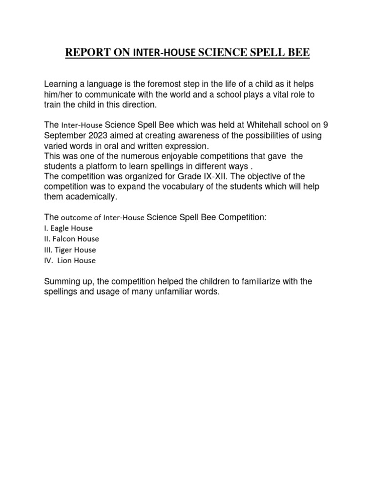 Inter-House Science Spell Bee Report | PDF
