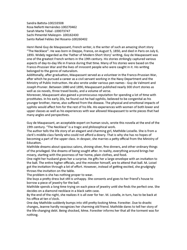 The Necklace Essay | PDF | Guy De Maupassant