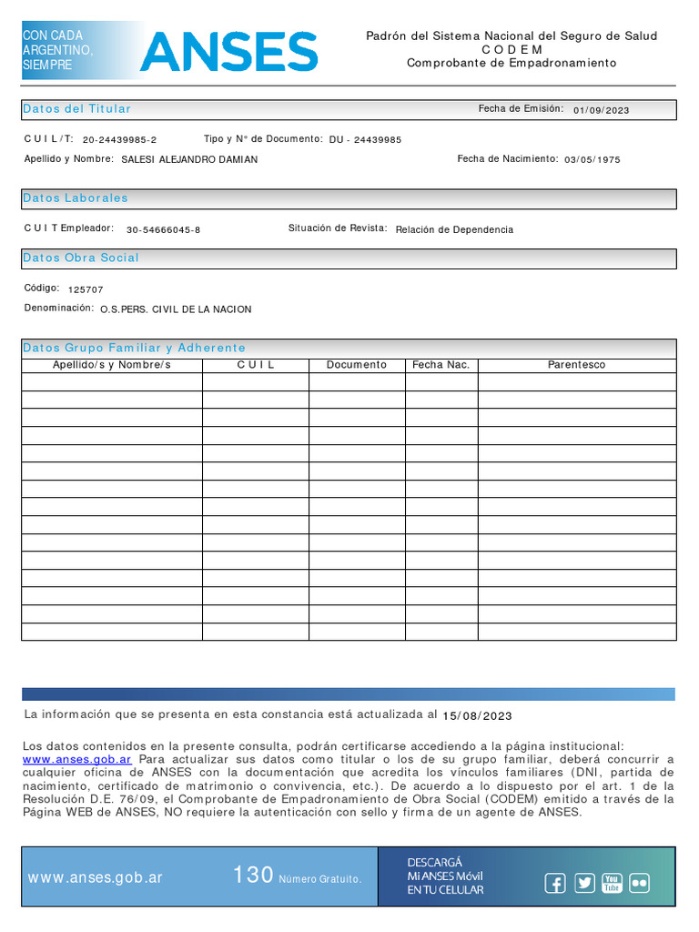 Actualización del Certificado CODEM ANSES | PDF