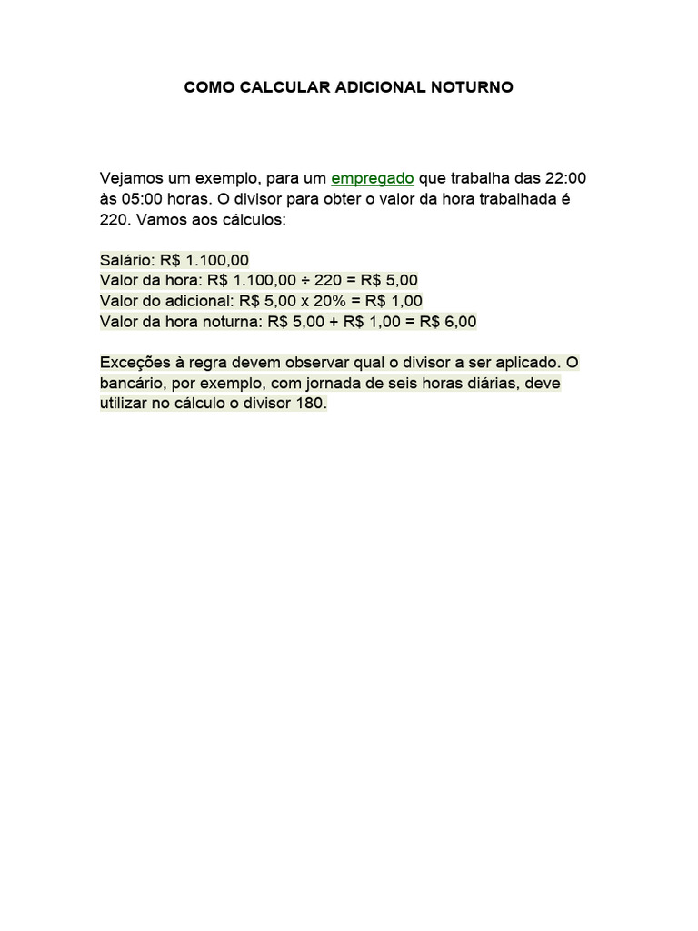 Como Calcular Adicional Noturno | PDF