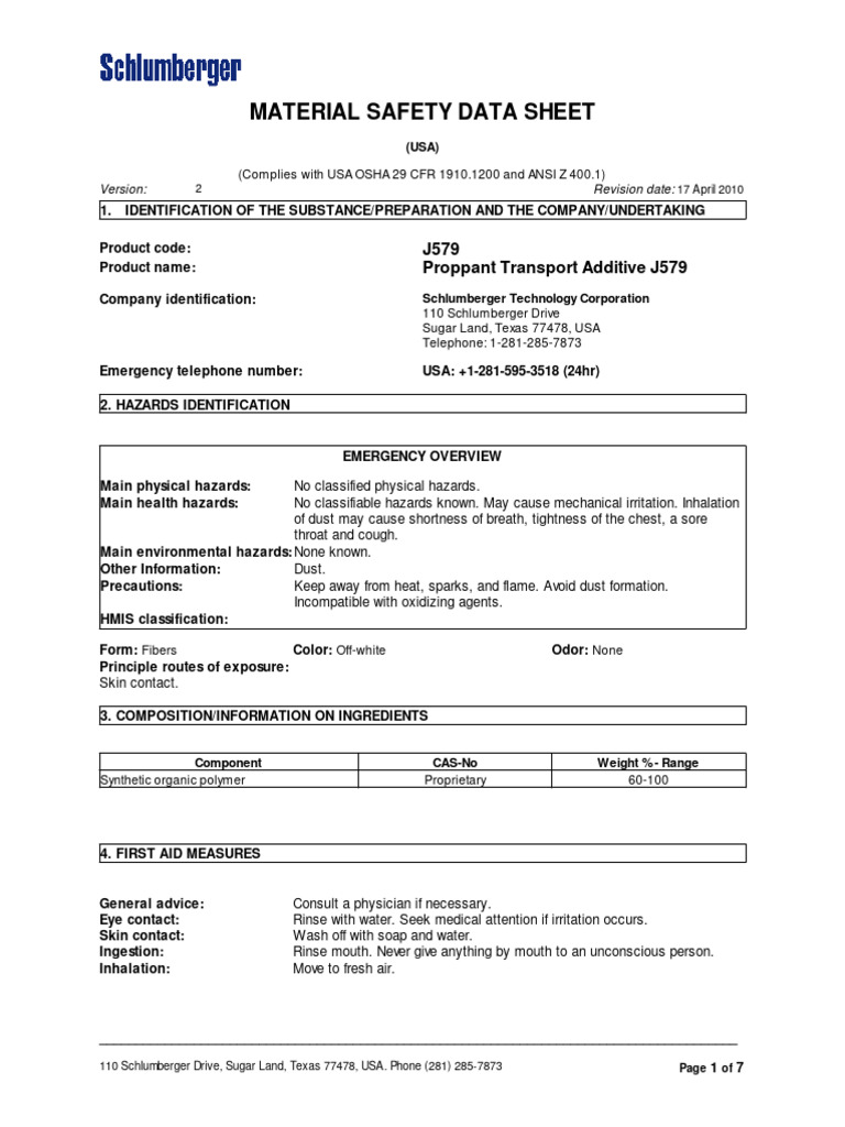 Material Safety Data Sheet: J579 Proppant Transport Additive J579 | PDF | Hazardous Waste ...
