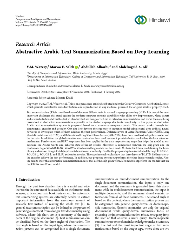 Research Article: Abstractive Arabic Text Summarization Based On Deep Learning | PDF | Deep ...
