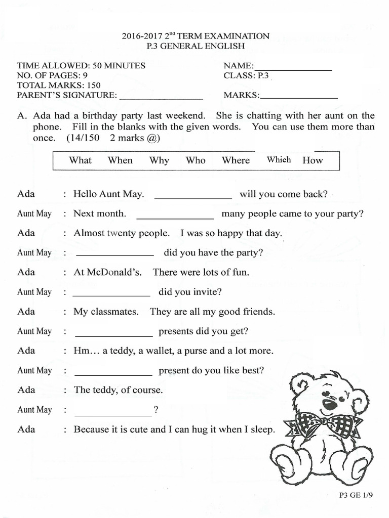 A002-軒尼詩道官立小學 Eng P3 1617 2ndexam+Ans | PDF