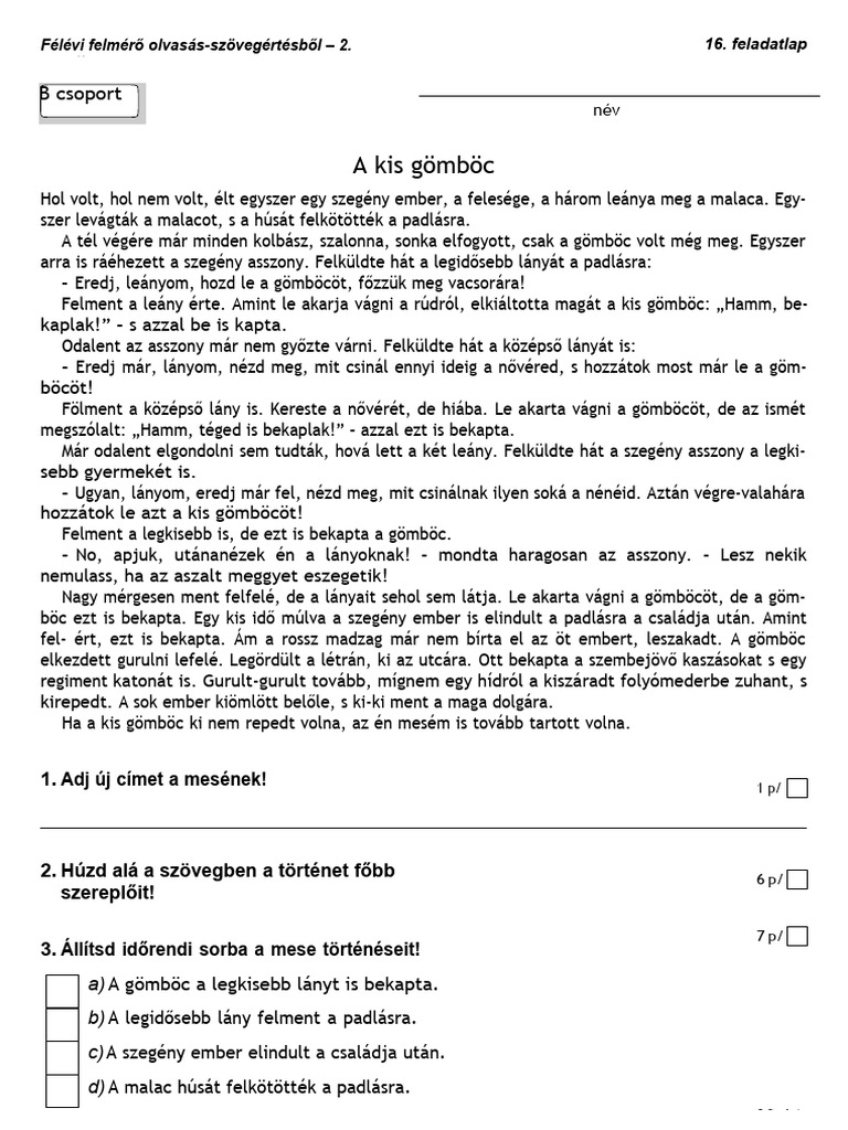 A Kis Gömböc - 2 Oszt - Szövegértés | PDF