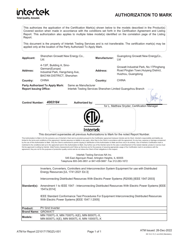 Growatt Inverter Certification Authorization | PDF | Electric Power