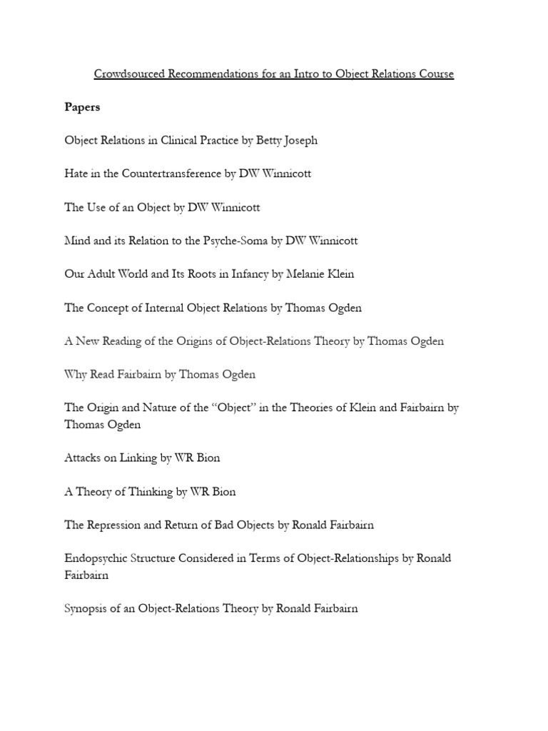 Object Relations Recommendations | PDF | Object Relations Theory ...
