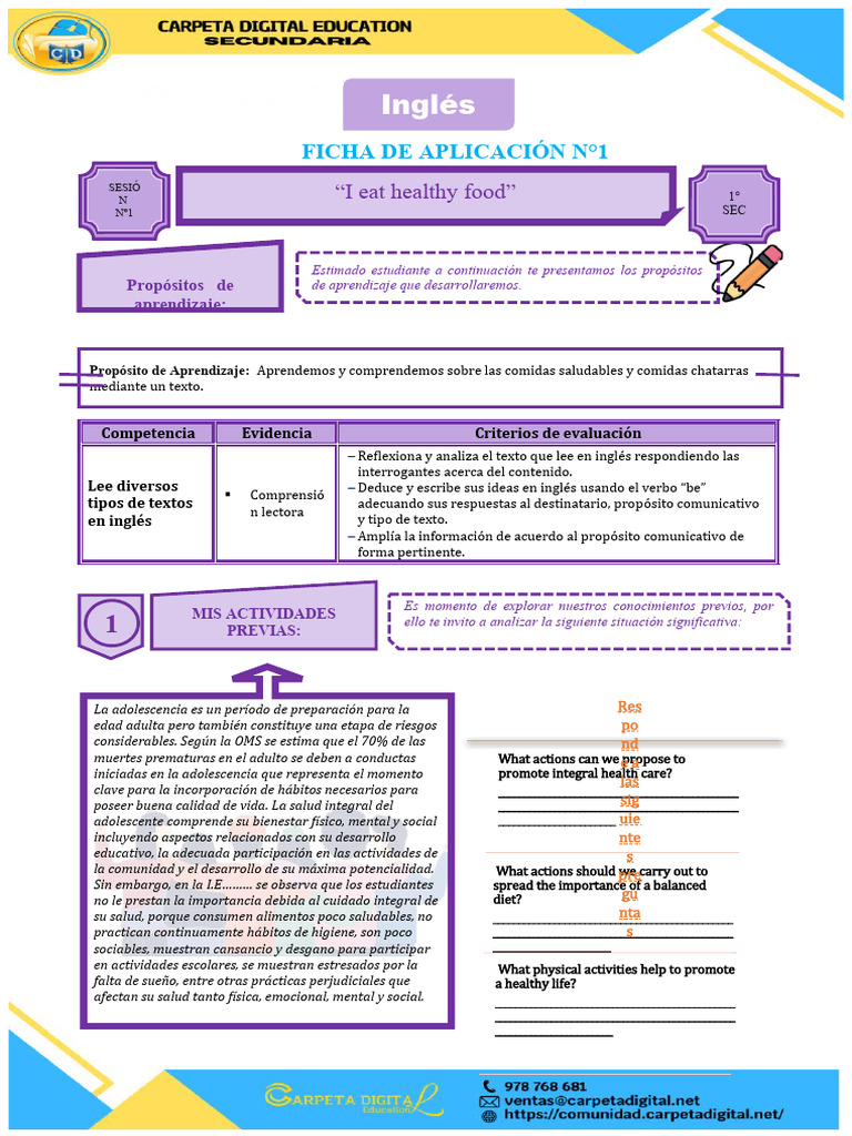 1° y 2° FICHA DE APLICACIÓN-SESIÓN1-SEM.1-EXP.2-INGLÉS. | Descargar gratis PDF | Aprendizaje ...