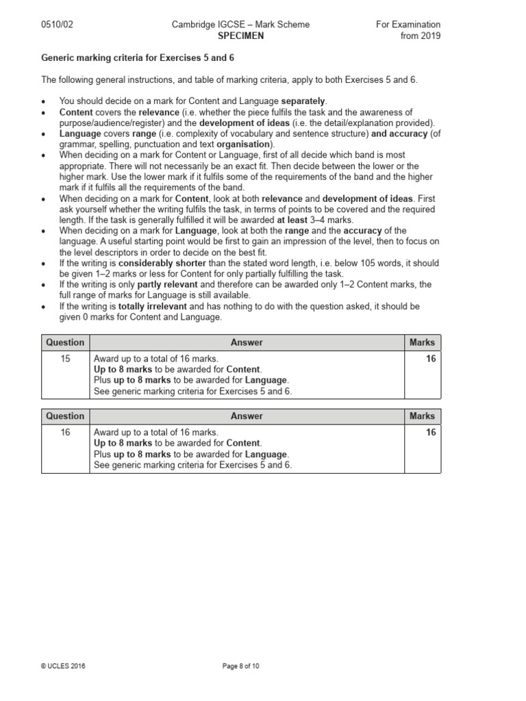 ESOL 2019 Writing Mark Scheme | PDF | Vocabulary | Cognition