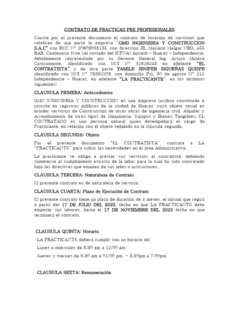 Contrato de Practicas Pre Profesionales | PDF